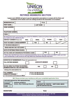 Retired Members Application Form - UNISON City of Edinburgh